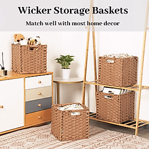 DULLEMELO Wicker Baskets for Shelves 11x11 Foldable Plastic Woven Cube Storage Bins Set of 4 Waterproof Woven Storage Bins with Handles for Pantry,Closet, Cabinet, Toys - Brown