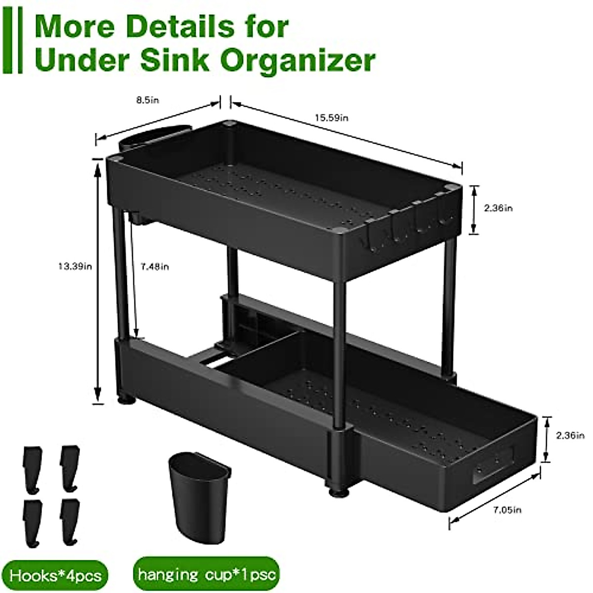 Under Sink Organizers and Storage 2 Pack, ZOMILB Bathroom Organizer 2-Tier Sliding Kitchen Cabinet Organization with Hook, Hanging Cup, Multi-purpose Under Sink Shelf Organizer for Home Storage, Black