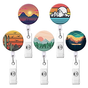 Badge Reel Retractable Nurse Badge Holder Cute Name Decorative Badge Reels with Clip on ID Card Holders (5 Pack Mountain Sky Sun)