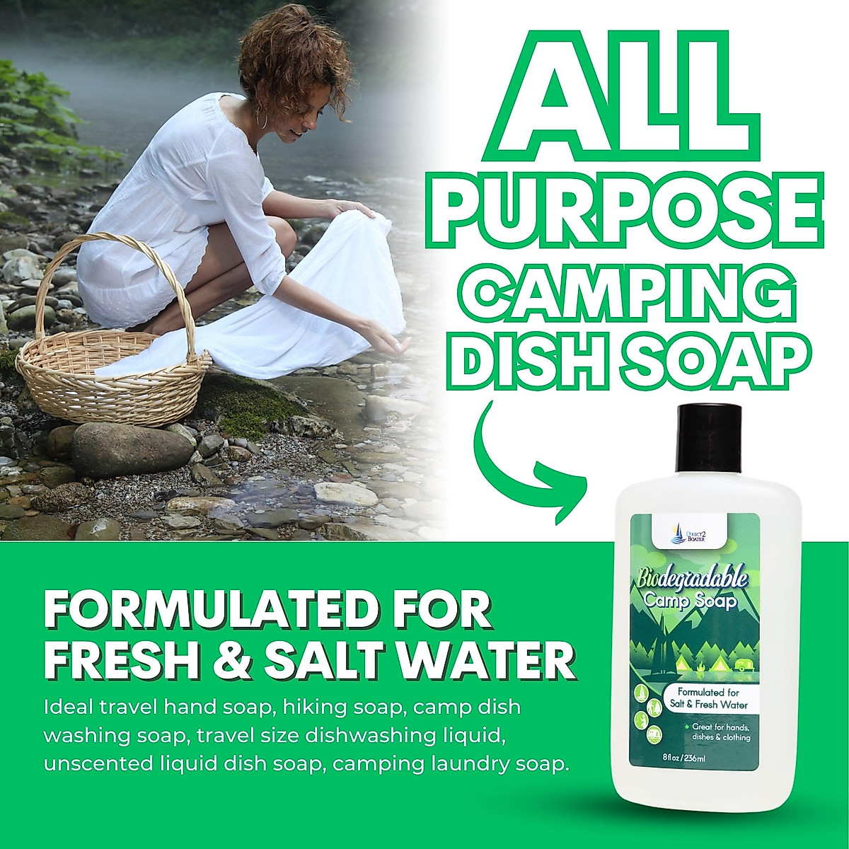 Biodegradable Camping Soap - 8 Ounce Unscented All Purpose Camping Soap Containing No Dyes or Fragrances - Formulated Camping Hand Soap and Backpack Soap - Camp Wash and Outdoor Soap for RVs and Camps