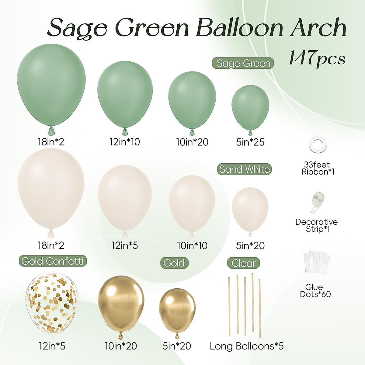 147pcs Sage Green Balloon Arch Kit, Sage Green Gold Sand White Balloons for Wedding Engagement Anniversary Bridal Shower Baby Shower Birthday Party Decorations