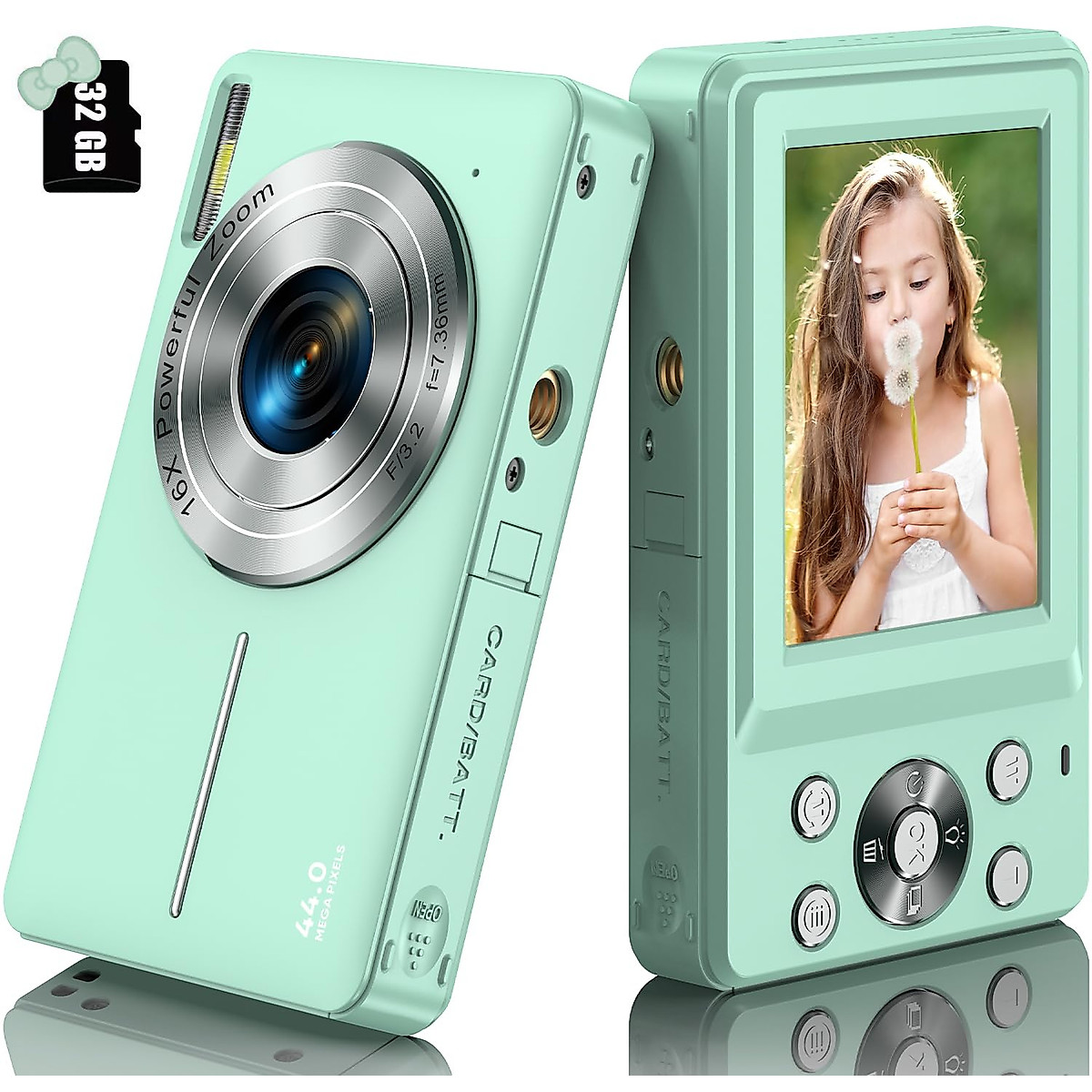 Digital Camera, FHD 1080P Kids Camera 44MP Compact Digital Camera with 32GB Card, 1 Batteries 16X Digital Zoom Point and Shoot Digital Cameras Gift for Kids Boys Girls Teens (Green)