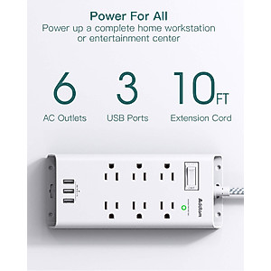 Power Strip Surge Protector - Addtam 10Ft Long Extension Cord with 6 Outlets and 3 USB Ports, Flat Plug Overload Surge Protection Outlet Strip, Wall Mount for Home, Office and More