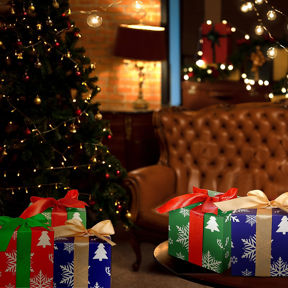 Fulmoon 48 Pcs Christmas Gift Boxes with Lids Small Squared Boxes with Ribbon Bow 4x4x4 Inch Holiday Gift Boxes Snowflake Christmas Tree Deer Horn Small Gift Boxes for Christmas Holiday Party