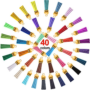 Duufin 200 Pieces Keychain Tassels Bulk Leather Tassel Colored Tassel Pendants for DIY Keychain and Craft, 40 Colors (Gold Cap)