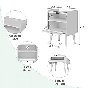 Masupu Nightstand with Charging Station,Mid-Century Modern Bedside Table with Storage Drawer and Open Wood Shelf,Small End Side Table with Glass Decorative Door for Bedroom,Living Room,White