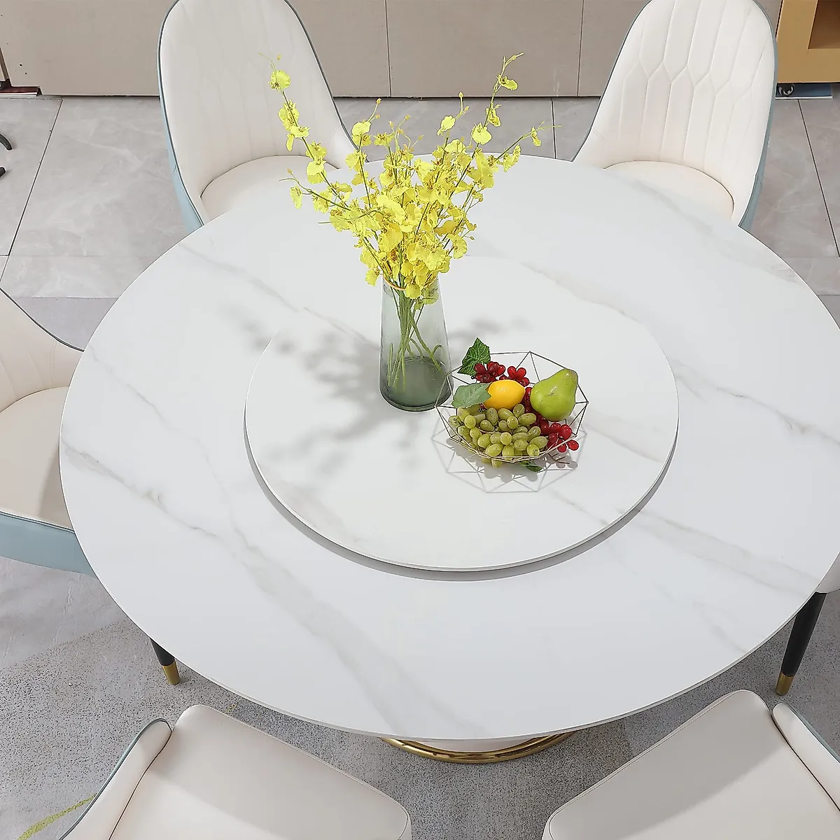 Voohek, Beige 59" Modern Sintered Stone Dining Table with Round-Shaped Metal Exquisite Pedestal Base and 31.5" Turntable, for Home, Kitchen, Living Room