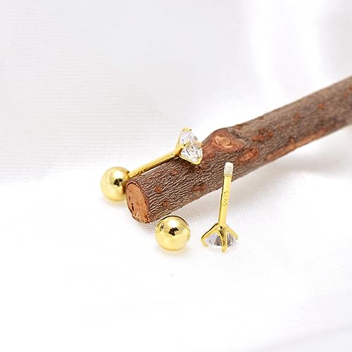 4 MM Cubic Zirconia Sterling Silver Plated Yellow Gold Stud Earrings for Women, Screw Ball Backing