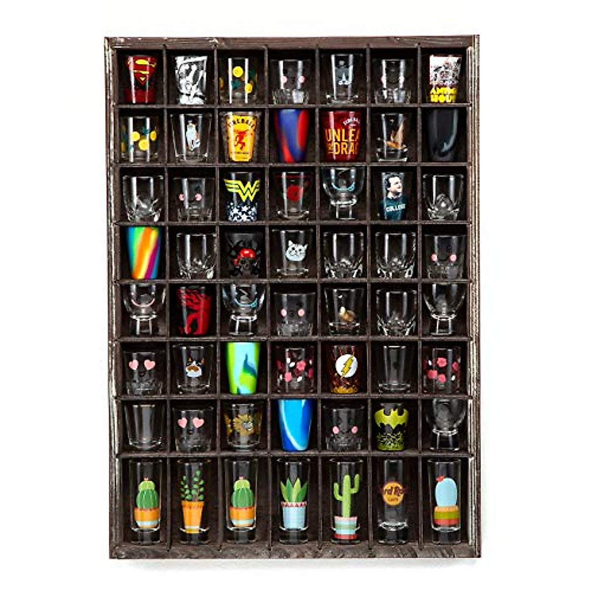 J JACKCUBE DESIGN - Rustic Wood Shot Glasses Display Case 56 Compartments Wall Mount Pint glass Shadow box Bar Cabinet Collection Freestanding - MK524A