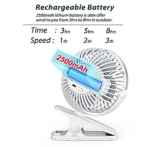 TYZU 5 Inch Clip on Fan, 3-Speed Desk Fan, 2500mAh Battery Operated Portable Stroller Fan with Strong Clamp, Small Dorm Fan with Strong Airflow, 360°Rotate, Quiet USB Fan for Bed Office Treadmill