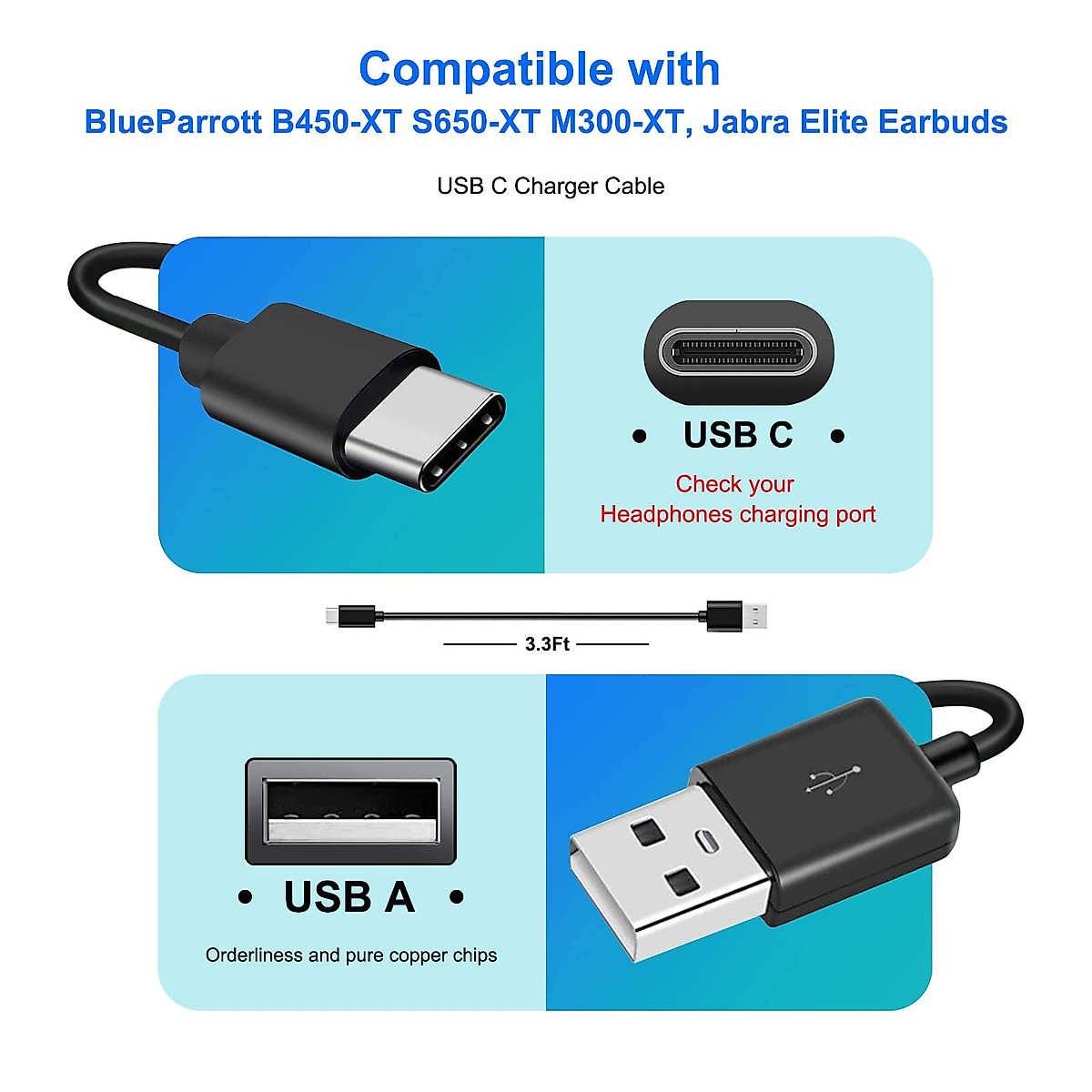 USB-C Charger Charging Cable Cord Compatible for BlueParrott B450-XT S650-XT M300-XT, Jab Elite 3 4 7 7 Pro Elite 75t Elite 85t Elite 85h, Elite Active 75t Earbuds, Evolve2 30 40 65 85 75 Headphones