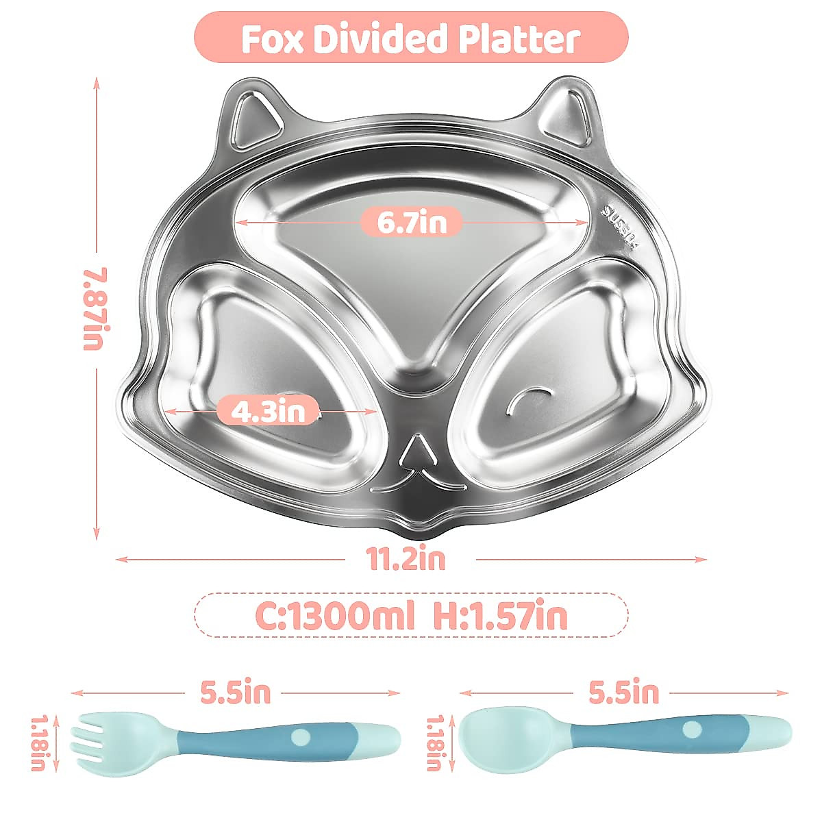 HOLIPOT 304 Stainless Steel Divided Plates, Food-Grade Toddlers Babies Kids Tray, 1300 Ml Toddler Plates with Suction, Self Feeding Training Kids Plates,Fits for Most High chairs Trays (Fox)