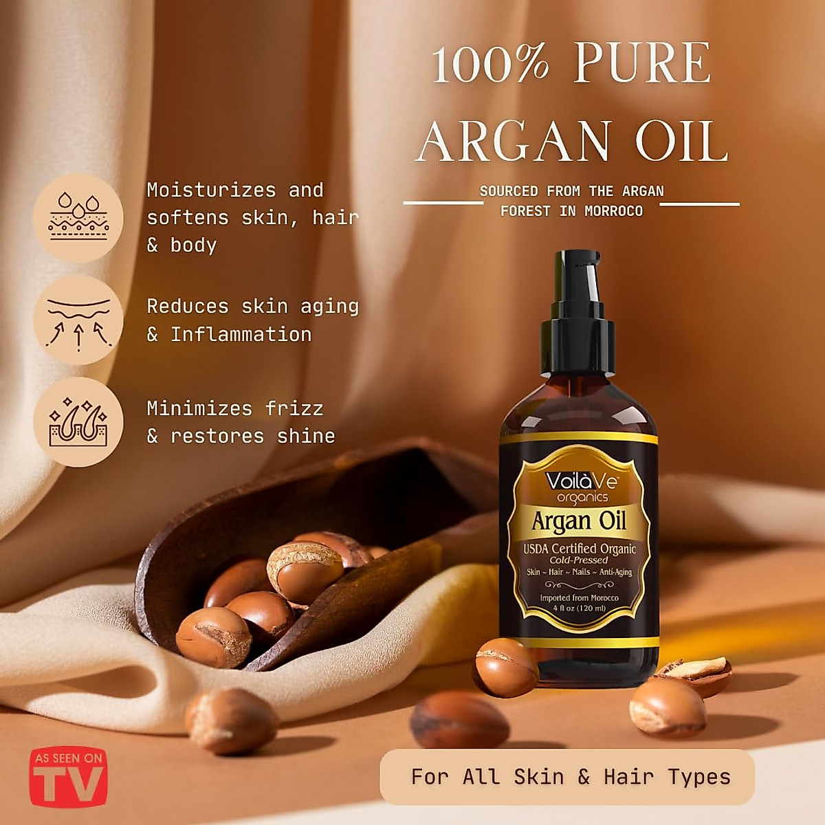 VoilaVe USDA and ECOCERT 100% Pure Organic Moroccan Argan Oil for Skin, Nails & Hair Growth, Anti-Aging Face Moisturizer, Cold Pressed, Hair Moisturizer, Rich in Vitamin E, As Seen On TV - 4 fl oz