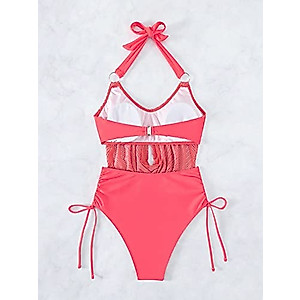MakeMeChic Women's 2 Piece Bathing Suits Ring Linked Drape Drawstring High Waisted Tankini Swimsuit Watermelon Pink S