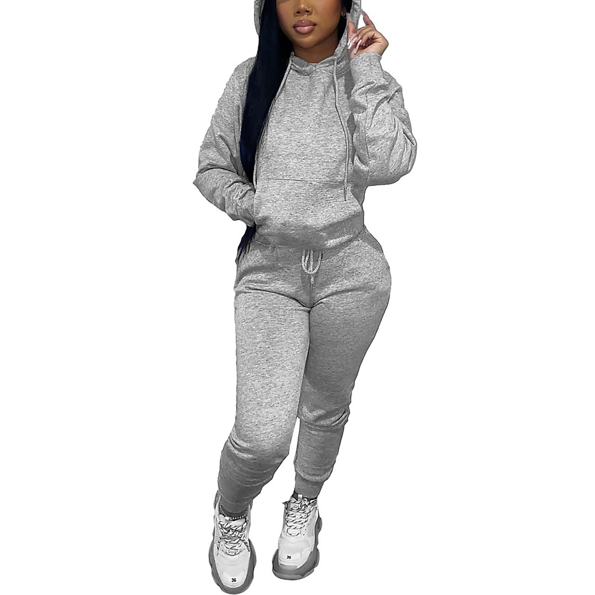 Alunzoem Jogger Set for Women Two Piece Long Sleeve Hoodies Pullover Top and Skinny Pants Sweatsuit Grey L