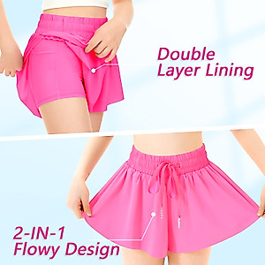 QooNoo Girls Butterfly Shorts with Pocket Flowy Athletic Shorts High Waist Preppy Running Shorts for Kids Teen (Hot Pink,Large)