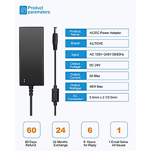 ALITOVE 24V DC Power Supply 2A 48W AC/DC Adapter 100~240V AC to DC 24 Volt 2 Amp Converter 24 vdc 2000mA 1.8A 1.5A 1.3A 1.2A with 5.5mmx 2.5mm 2.1mm Plug for LED Strip Light CCTV Camera DC Pump Fan