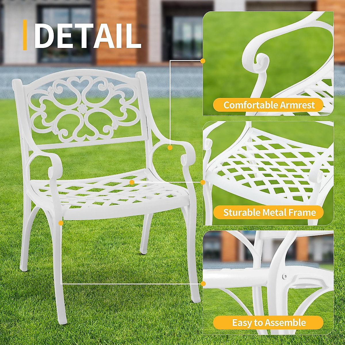 PATIO-IN Outdoor Patio Chairs Set of 2 Metal Patio Bistro Dining Chairs with Armrests,Cast Aluminum Patio Furniture Bistro Chairs for Porch,Poolside,White