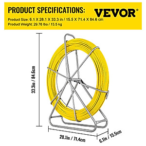 VEVOR Fish Tape Fiberglass 8MM 492FT Duct Rodder Fish Tape Continuous Fiberglass Tape Wire Cable Running with Cage and Wheel Stand
