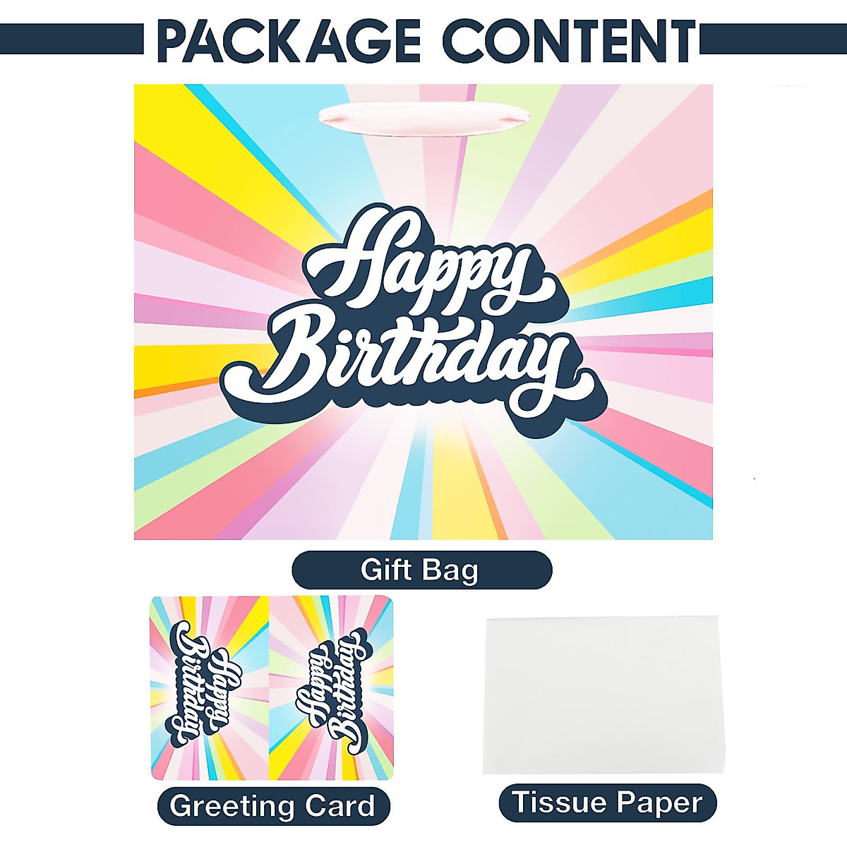 13" Large Happy Birthday Gift Bag with Handles, Tissue Paper and Card (Colorful Rainbow)
