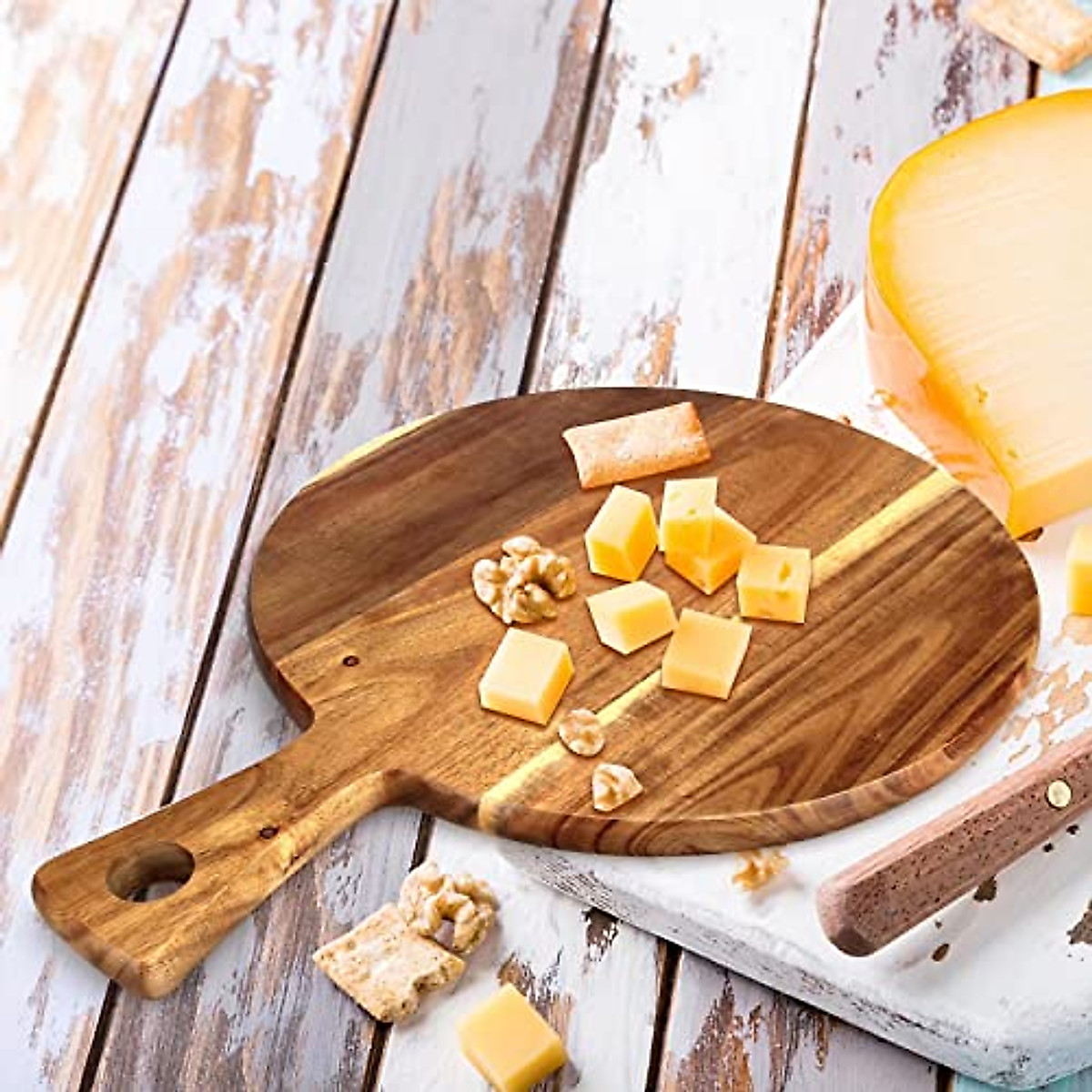 Acacia Wood Cutting Board with Handle Wooden Chopping Board Round Paddle Cutting Board for Meat Bread Serving Board Charcuterie Board Chopping Blocks Circular Circle Carving Cutting Board