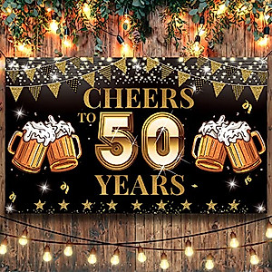 Cheers to 50 Years Backdrop Banner, Happy 50th Birthday Decorations for Men Women, 50th Anniversary Decorations, 50th Reunion, Black Gold 50 Years Celebration Party Decor, Vicycaty (6.1ft x 3.6ft）