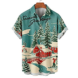 Lcxifdre Men’s Bowling Shirt Christmas Short Sleeve Button Up Shirts Xmas Santa Printing Plus Size T Shirts Loose Undershirts Light Blue