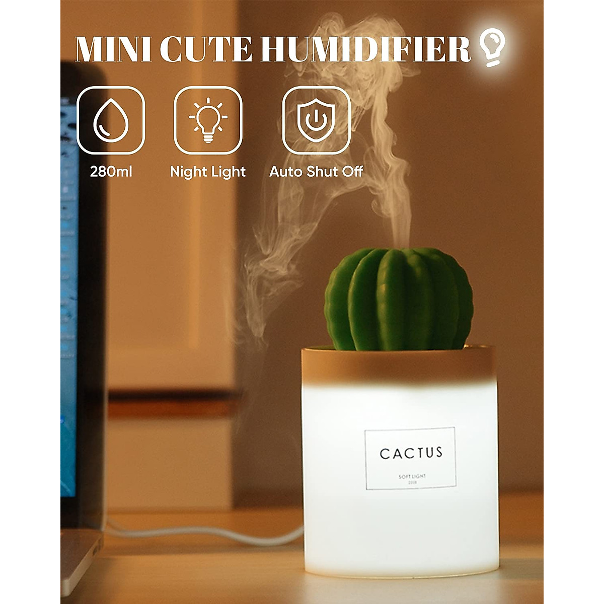 ONUEMP Cactus Humidifiers with Night Light, Mini Cool Mist Humidifier 280ml USB Portable Air Diffuser, Auto Shut-off, Gift for Christmas, Valentines, for Bedroom, Baby, Travel, Desktop, Home, Office