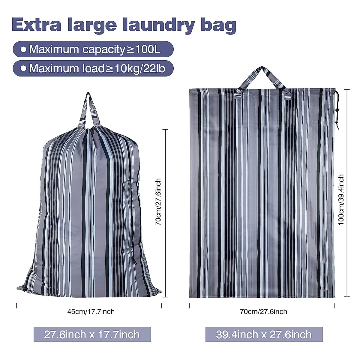 MAIBGALH Laundry Bag with Handles and Drawstring Closure, Laundry Bags Extra Large Heavy Duty, Laundry Room and Dorm Room Essentials, Suitable for Travel and Outdoors, Grey and Blue 2 Pack.