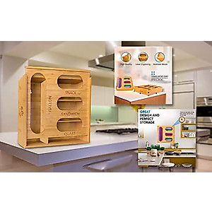 Bamboo Ziplock Bag Storage Organizer for Kitchen Drawer And wall mounted, Openable Bamboo Ziplock Baggie Holder With Easy To Slide Out Cover, 13" L 12" W 3" H