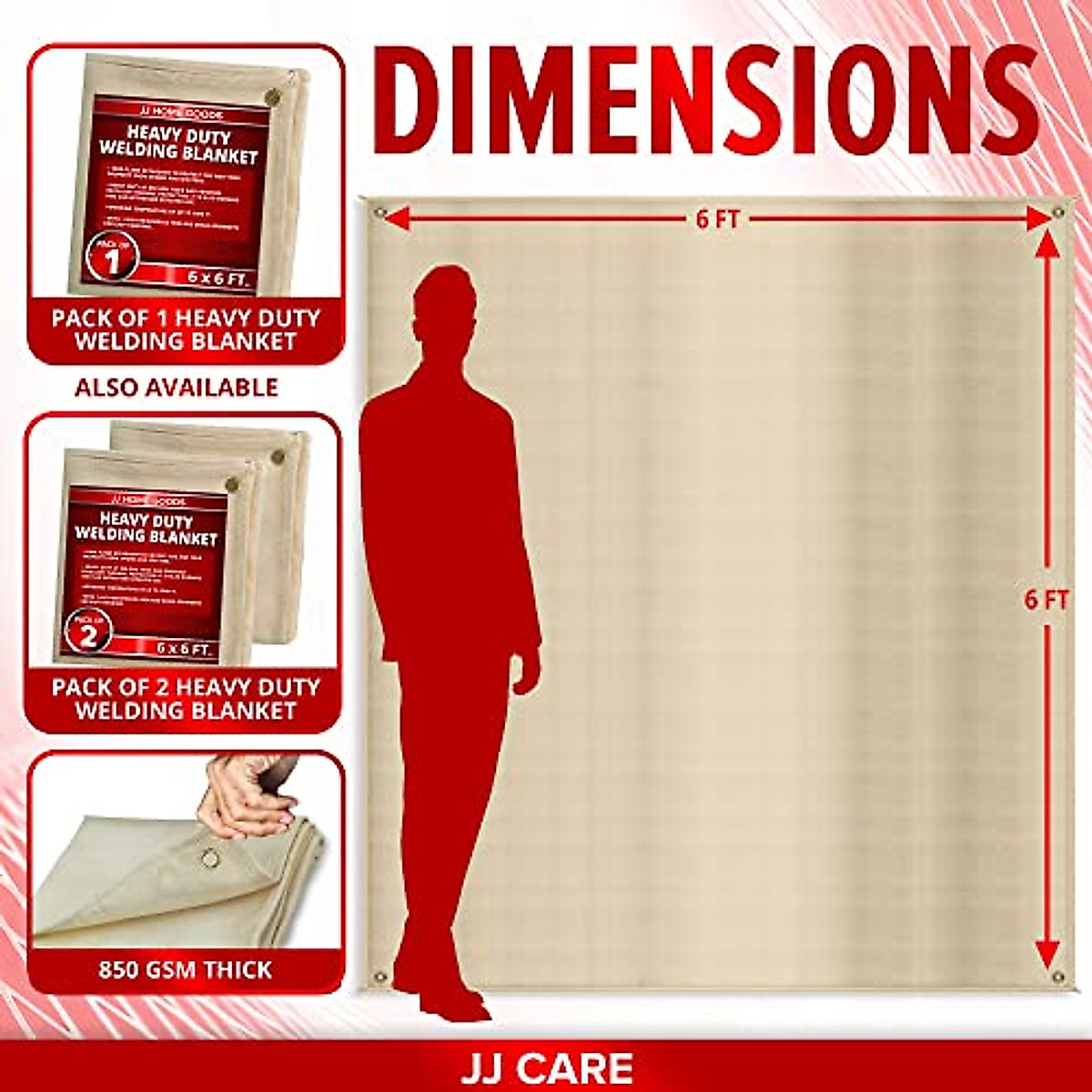 JJ CARE Welding Blanket - 2 Packs 6ft x 6ft Welding Mat - 850GSM Fiberglass Welding Blanket with Brass Grommets, Welders Blanket for Grill, Smoker Welding Blanket Heavy Duty, Welding Tarp & Shield