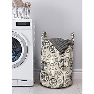 Ambesonne Compass Laundry Bag, World Map Pattern with Aged Background Maritime Directions Continents, Hamper Basket with Handles Drawstring Closure for Laundromats, 13" x 19", Black Grey Tan