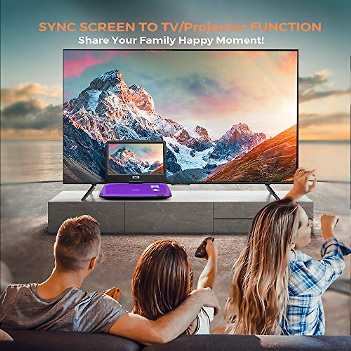 SUNPIN Portable DVD Player 12.5" with HD Swivel Screen, 5 Hours Long Lasting Battery, Car Headrest Mount Case, Car Charger, Power Adaptor, Support USB/SD Card/Sync TV/Multiple Disc Formats, Purple