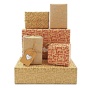 Geluode Valentines Day Wrapping Paper, Kraft Valentines Wrapping Paper 20x28 Per Sheet(9 Sheets:34 sq.ft.ttl.) w/Jute Strings, Stickers and Tags, Gift Wrap for Valentines Day, Lover Birthday, Wedding