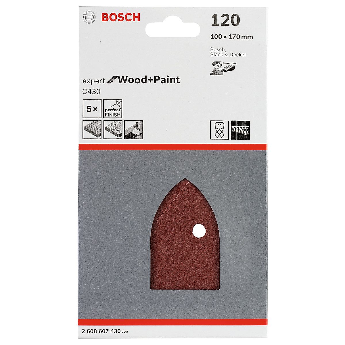 Bosch 5x C430 Sanding Sheets (for Wood and Paint, 93x135 mm, Grit 120, 4 Holes, Professional Accessories for Multi Sanders from Most Brands)