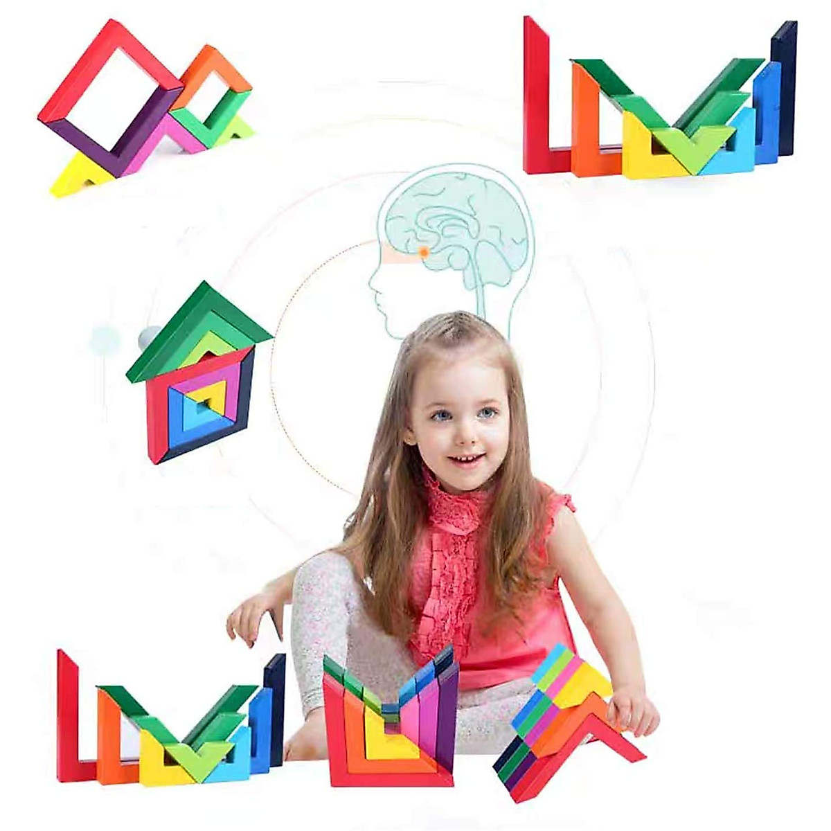 FANSUSENKE 12 Piece Building Blocks Toy Wooden Rainbow Stacking Nesting Building Game Geometry Creativity Nesting Educational Preschool Learning Toys for Kids 3D Puzzles