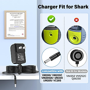 UL Power Cord Fit for Shark VACMOP VM200 VM200C VM20026 UM200 UM205 VC205 Cordless Hard Floor Vacuum Mop Charger Power Adapter Replacement