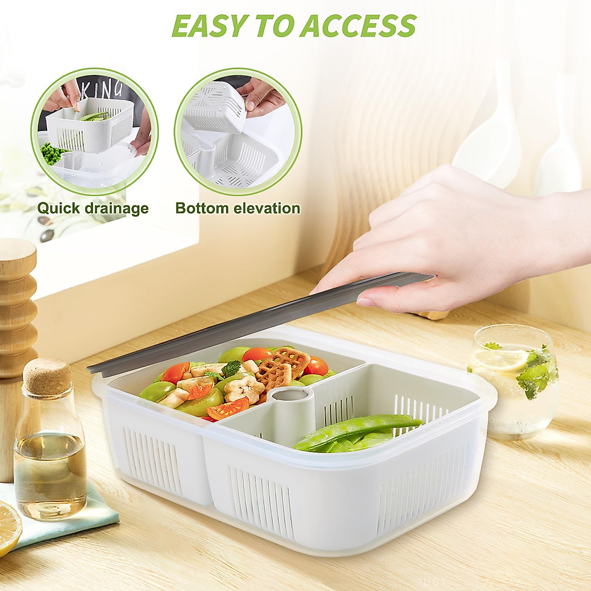 Veggie Trays with Lid, 2 Pack Meal Prep Containers, Food Storage Containers with Lids, 2 Removable Compartments Food Containers for Fruits/Vegetables/Snacks, Dishwasher Safe, BPA Free & Leak Proof