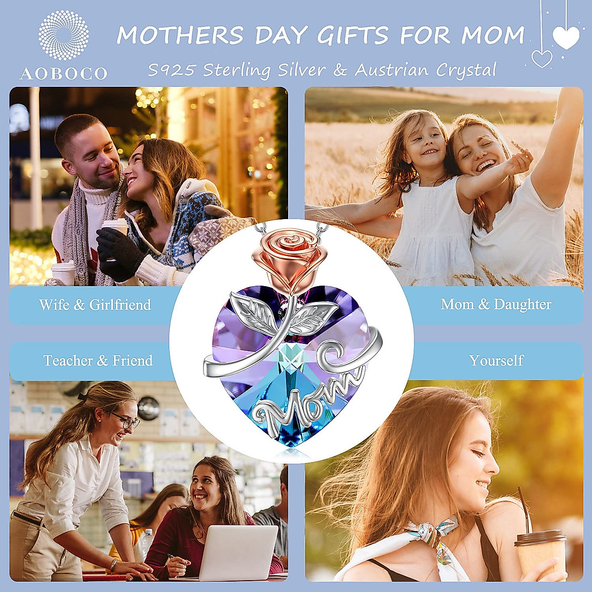 AOBOCO Mothers Day Rose Necklace Jewelry Gifts for Grandma Mom, Sterling Silver Pendant with Heart Purple Crystal