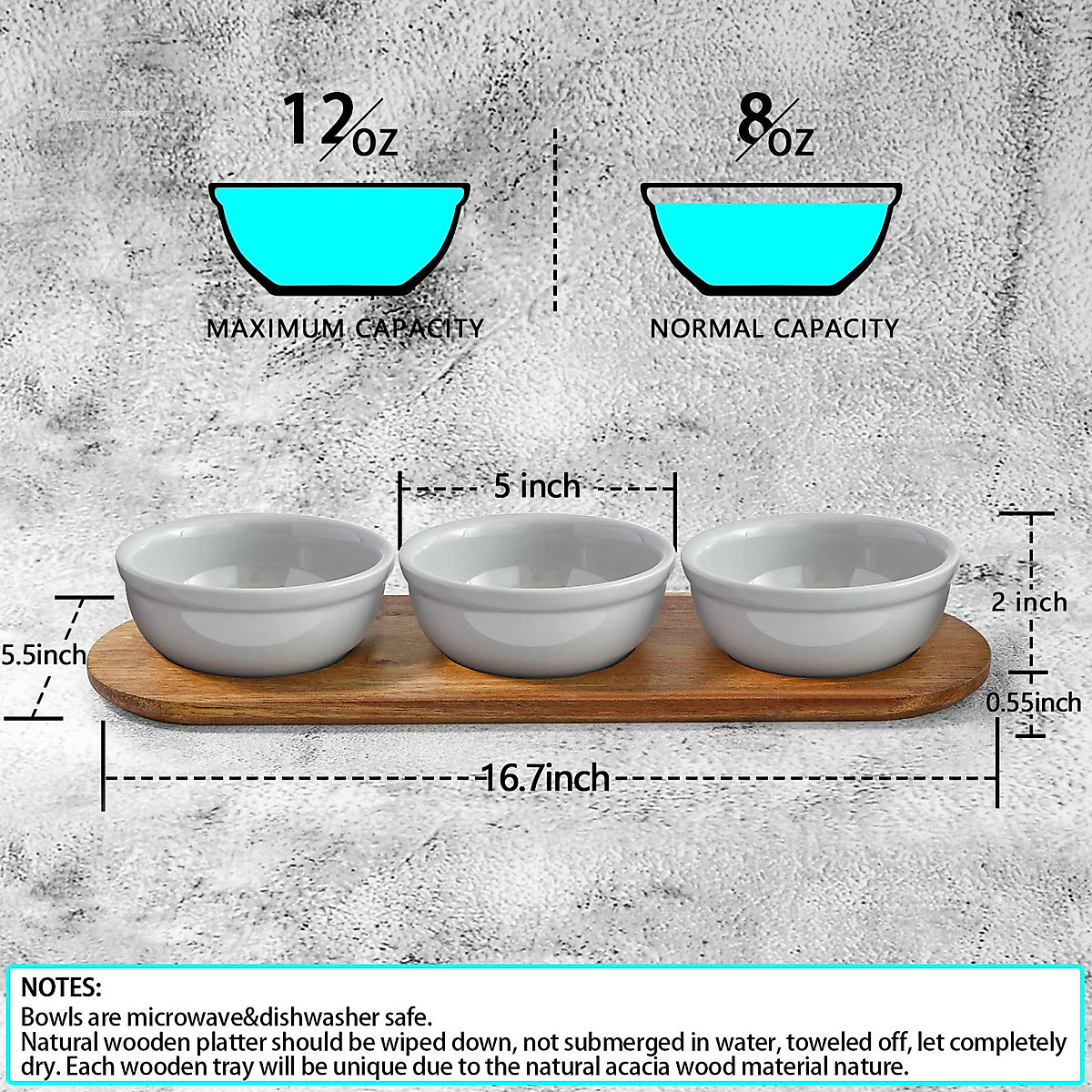 Artena 12 oz Solid Ceramic Chip and Dip Serving Set with Acacia Wooden Tray, 5-inch Grey Dipping Bowls, Small Serving Bowls for Side Dishes, Salsa, Appetizer, Serving Dishes for Entertaining