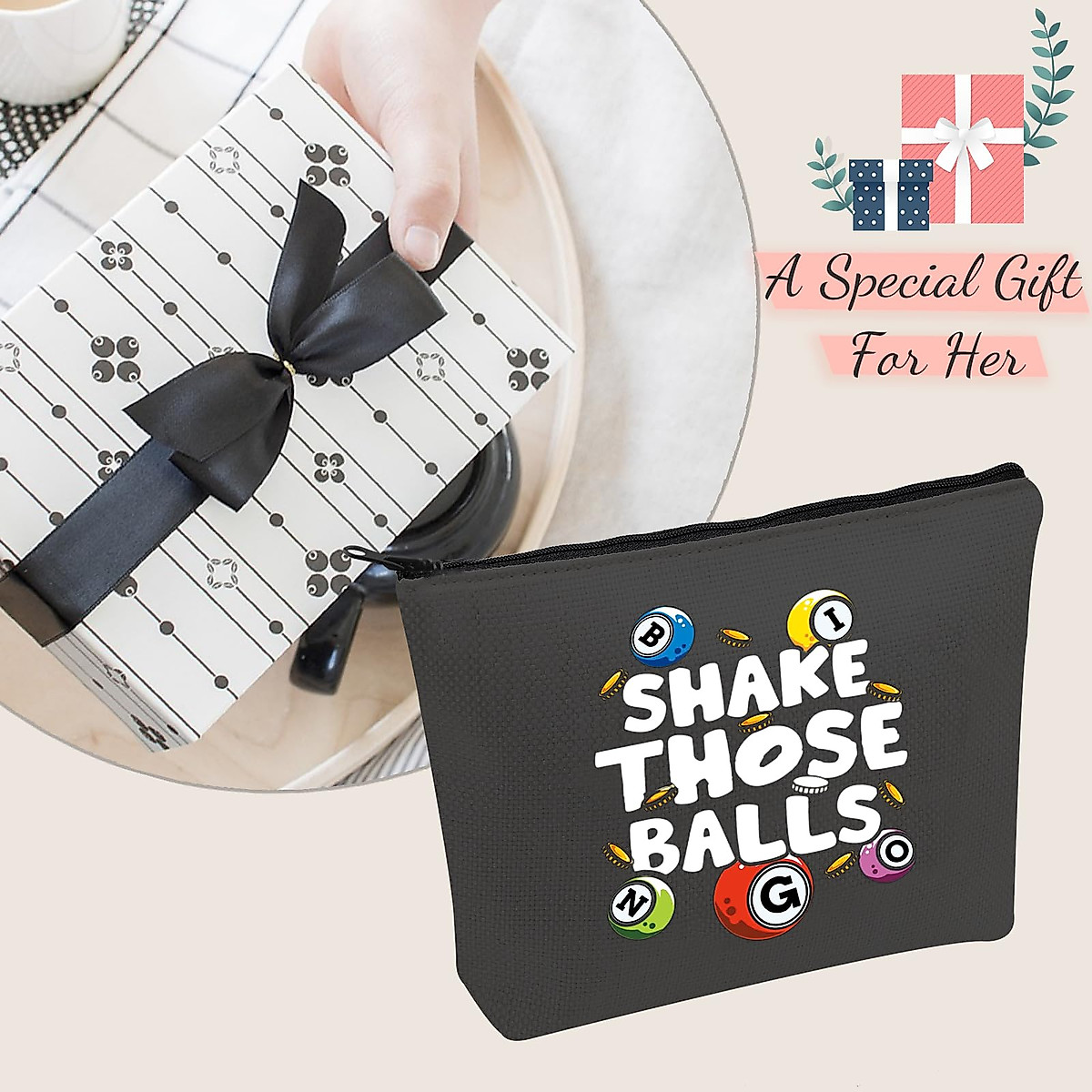 JXGZSO Bingo Gambler Gift Shake Those Balls Makeup Bag Lucky Bingo Pouch Bag Bingo Game Lover Gift (Shake those balls black)