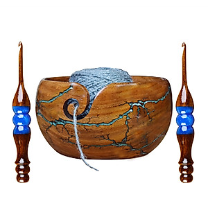 ASIF HANDICRAFTS 7x4 Inch Extra Large Handcrafted Wooden Yarn Bowl for Knitting and Crocheting: Fractal Burn Design Yarn Storage Bowl with Free Resin Crochet Hook