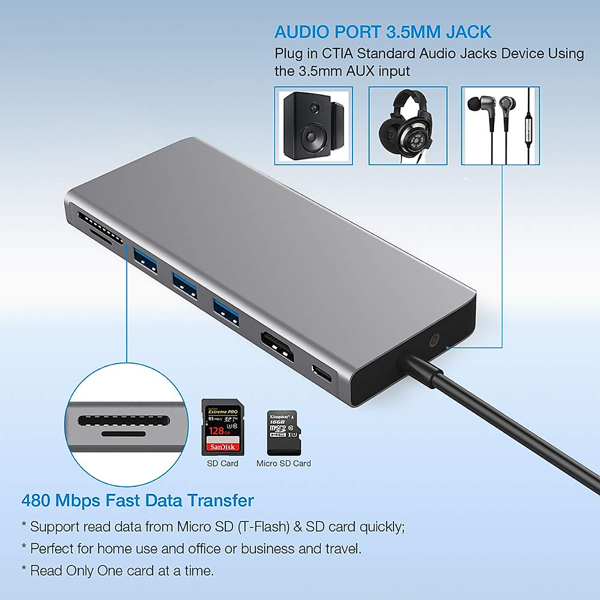 HRYHY USB C Hub, 9-in-1 USB C Adapter with 4K USB C to HDMI,USB C Charging, VGA, 2 USB 3.0, SD/TF Card Reader,Gigabit Ethernet, Compatible for MacBook Pro, XPS More Type C Devices