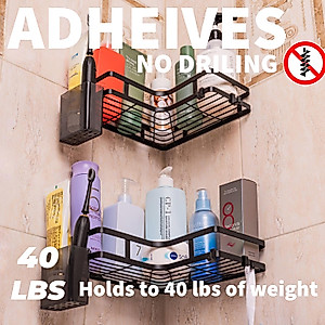 Generic Corner Shower Caddy, 2 Pack Adhesive Shower Corner Organizer Shelves, No Drilling Stainless Steel Shower Storage Rack with Hooks&Toothpaste Holder for Bathroom, Dorm and Kitchen, Black