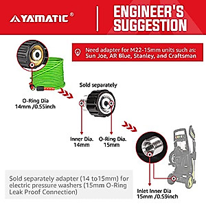 YAMATIC Super Flexible Pressure Washer Hose 50 FT 1/4", Kink Resistant Power Washer Hose Replacement for Flexzilla Uberflex Ryobi Genarac Troy Bilt Honda M22-14mm Rated 3200 PSI/Max 3700 PSI,Green