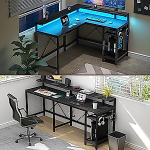 Loomie L Shaped Computer Desk, 83" Gaming Desk with LED Light & Power Outlets, Corner Desk with Full Monitor Stand & Adjustable Storage Shelves, Home Office Desk with 2 Hooks, 2 Person Desk, Black