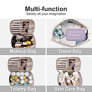 QFDS Makeup Bag,Travel Make Up Organizer Cosmetic Brush Bags Case for Women in Durable and PU Woven Plaid Leather,Portable Cosmetic Bag With Zipper Pocket (Purple)