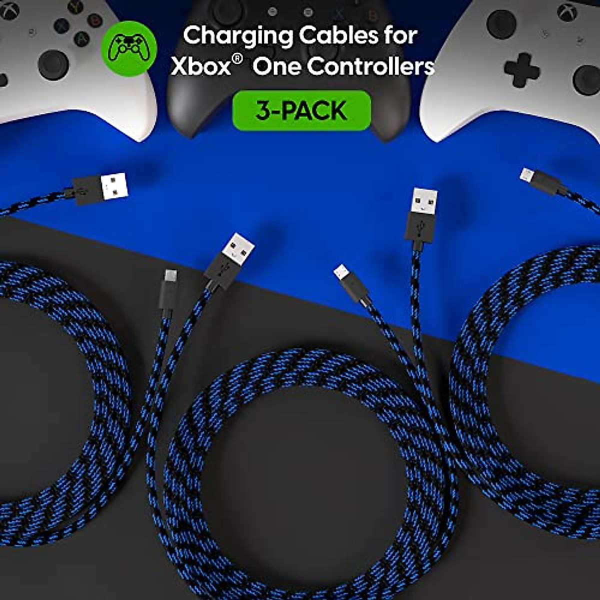 TALK WORKS Charging Cable Compatible with Xbox One Controller - 6-Foot Long Fast Charger Cord Micro USB for X-Box 1 - Heavy-Duty, Braided Black-Blue (3 Pack)