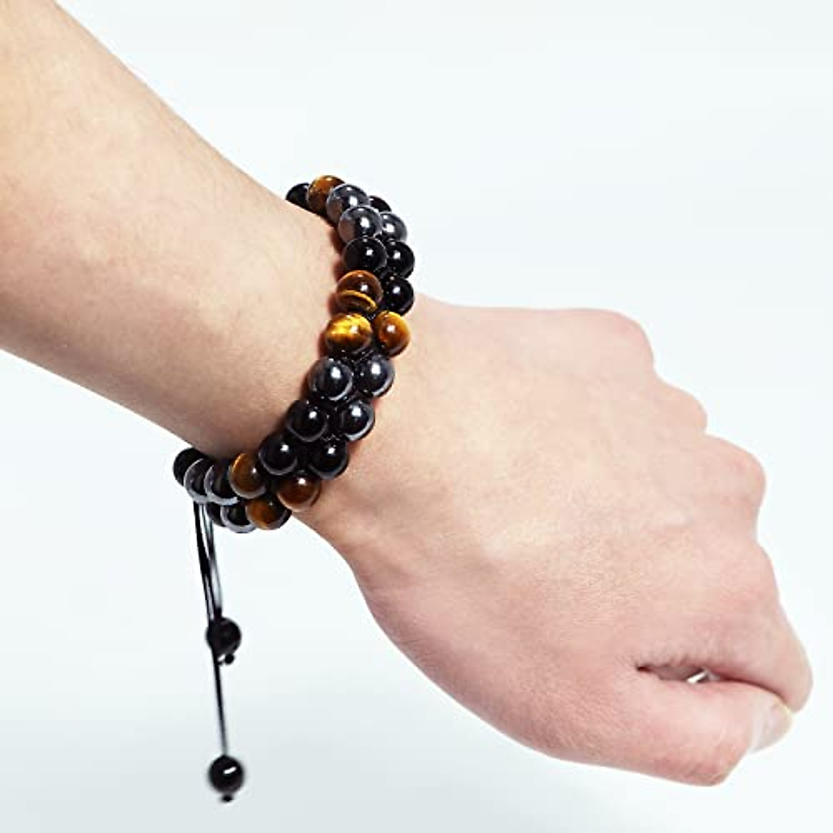 Triple Protection Bracelet Natural Black Obsidian Tigers Eye Hematite 8mm Beads Crystal Bracelet Healing Bracelets for Men Women Bring Prosperity Luck and Health