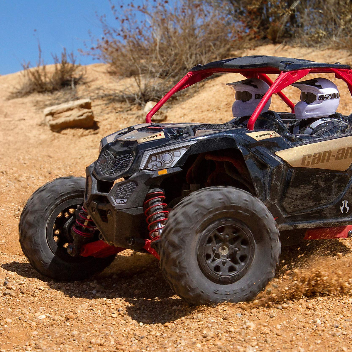 Axial Yeti Jr. Can-Am Maverick X3 RC Rock Racer 4WD Brushed Off-Road Side-by-Side 1/18 Scale RTR (Includes 2.4 Ghz Transmitter, Battery & Charger): AXI90069,Red, Gold and black